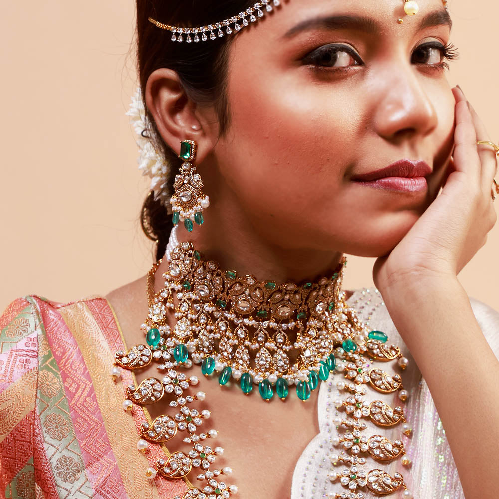 Emerald Green Polki Look Drop Earrings with Pearls in Gold Polish – Sneha Rateria Store