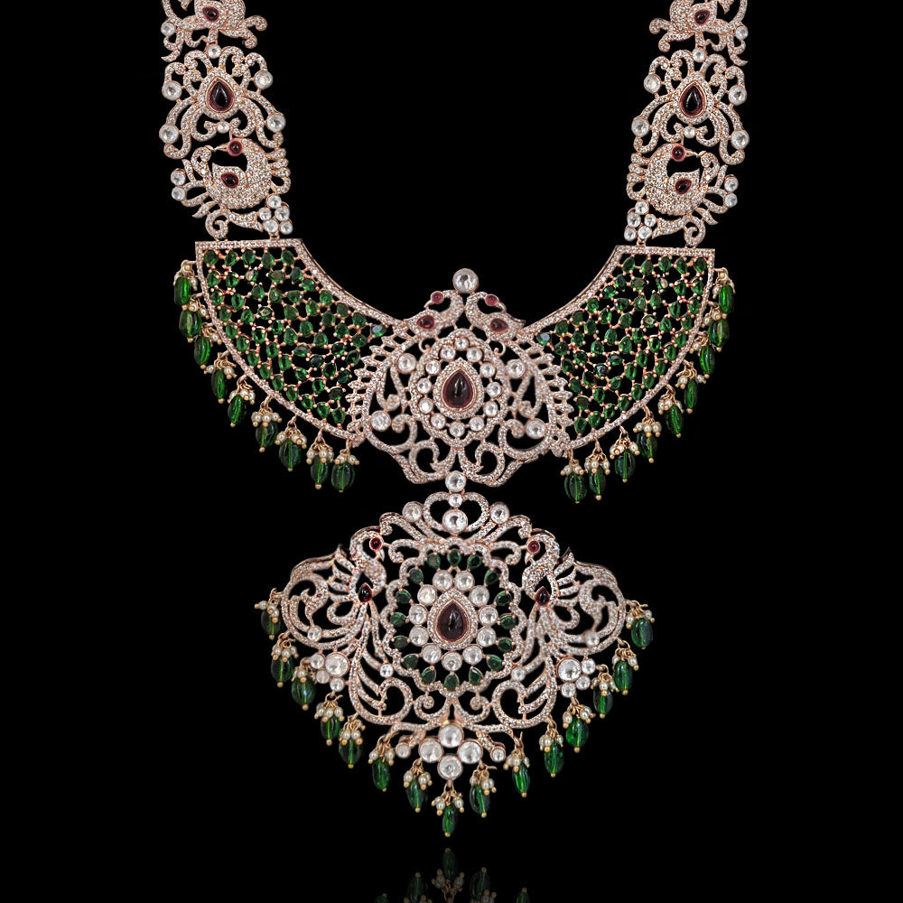 18K Gold Plated Emerald & Diamond Look Heavy Necklace Set – Sneha ...