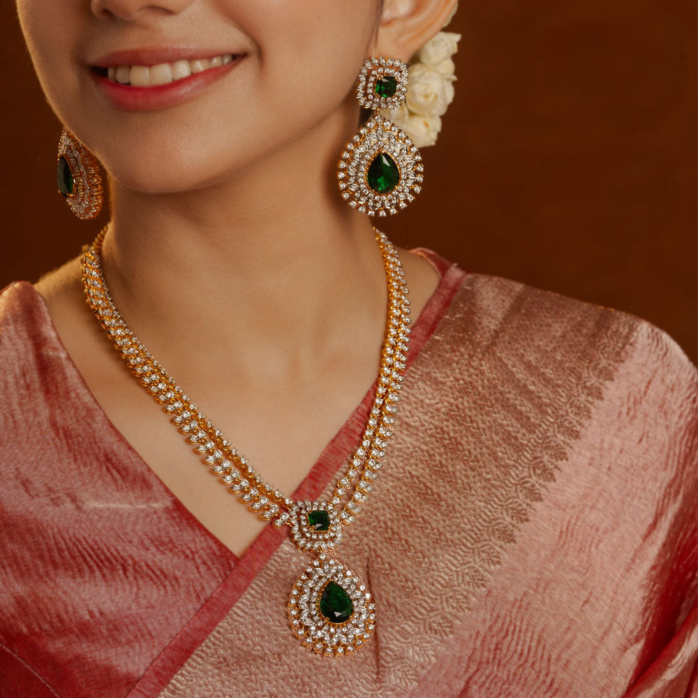 Gold Polished 2 Lines Diamond & Emerald Look Necklace & Earrings ...