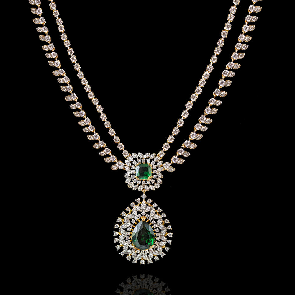 Gold Polished 2 Lines Diamond & Emerald Look Necklace & Earrings ...