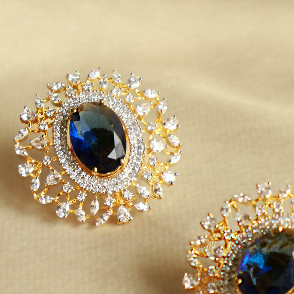 Sapphire & Diamond Look Earrings Studs In 18Kt Yellow Gold Polish ...