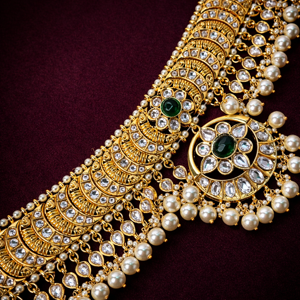 Pure Silver Gold Plated Emerald Polki Temple Choker Necklace – Sneha ...