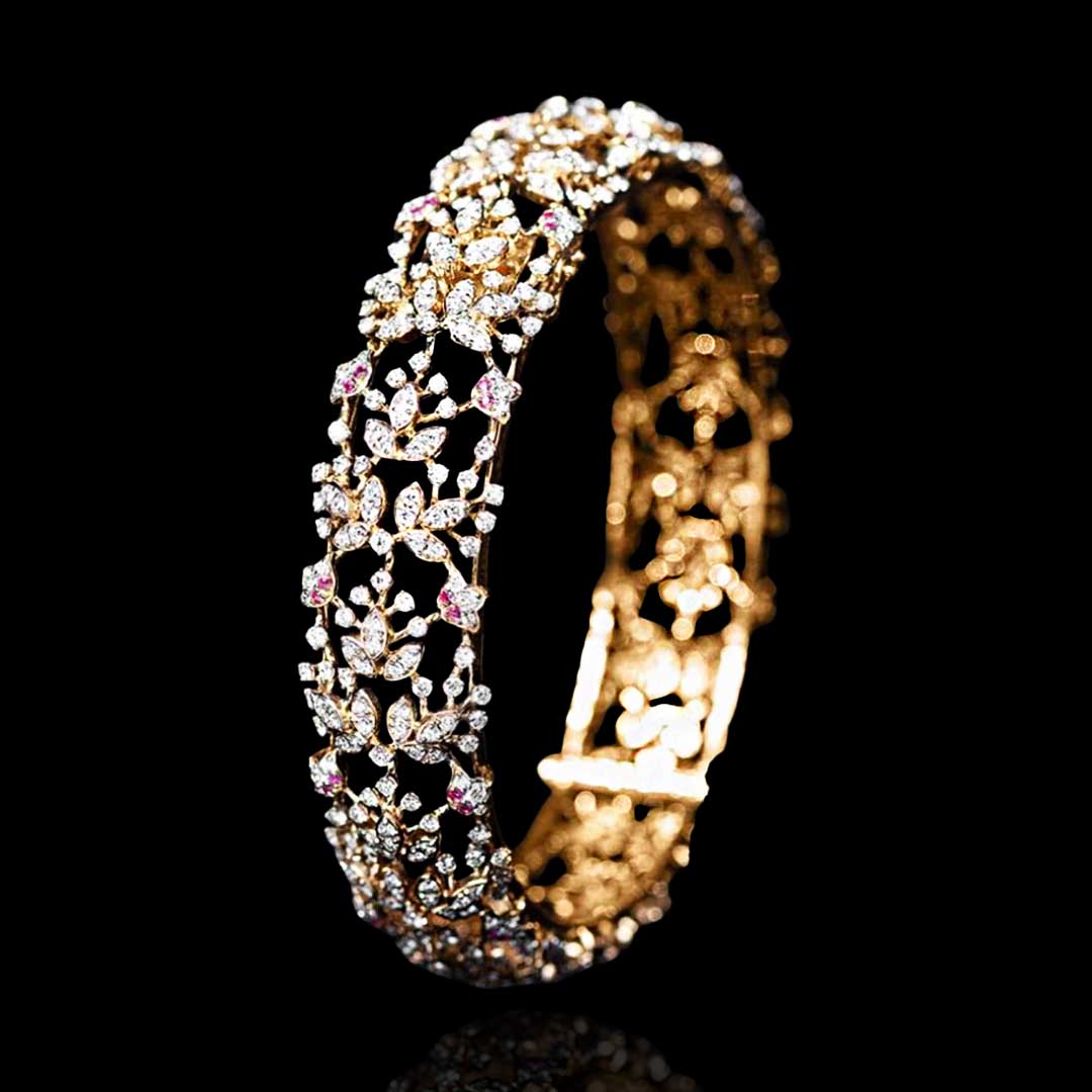 Delicate Diamond Look Kada Bangle with Pink Accents – Sneha Rateria Store