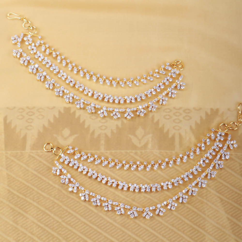 Diamond Look CZ Triple Layer Bridal Ear Chains in Gold Polish – Sneha ...