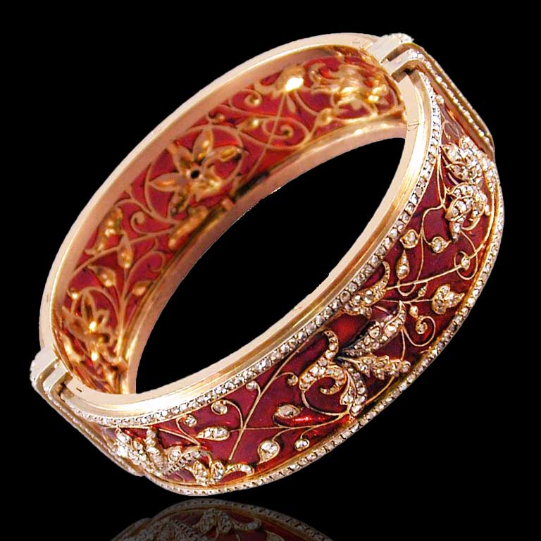 Diamond Look Kada Bangle with Red Enamel Meena Gold Polish – Sneha ...