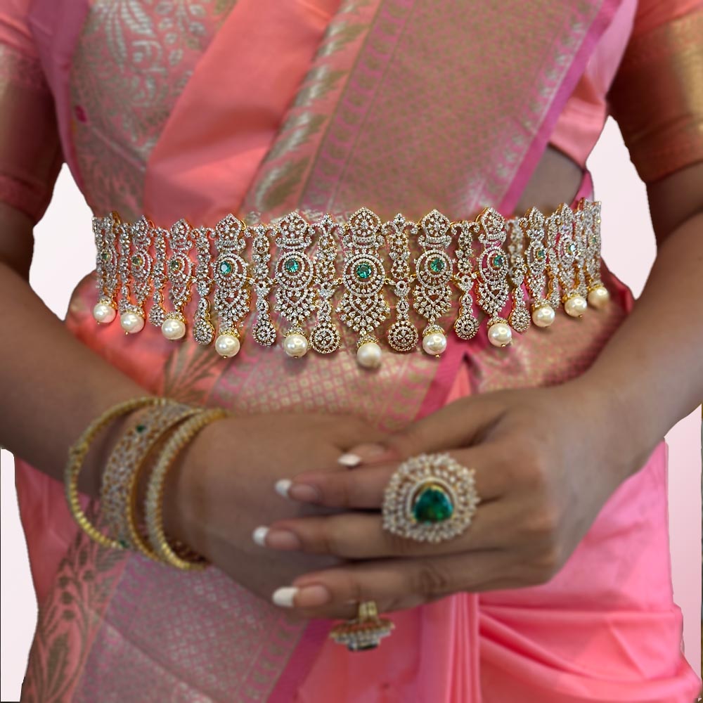 Premium 92.5% Silver Oddiyanam Hip Belt along with Green Gemstones ...