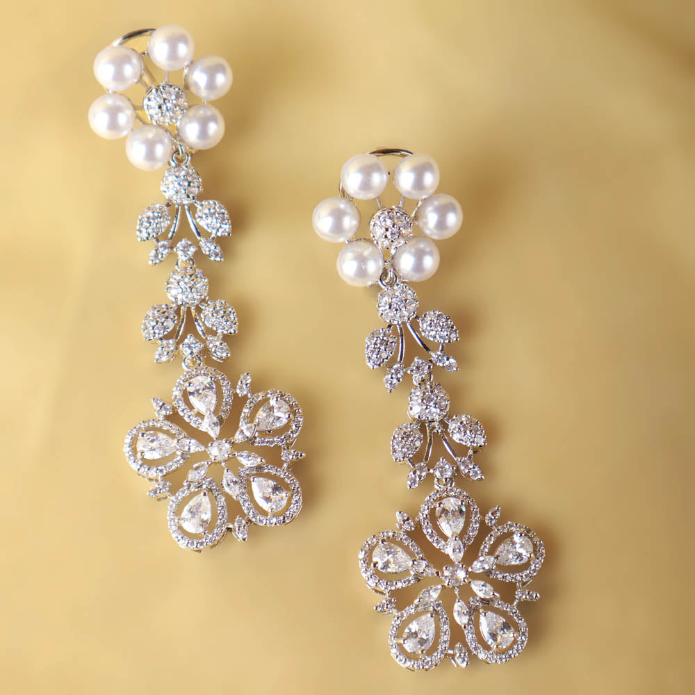 Glamorous Long Earrings + Necklace with Pearls with Diamond Look ...