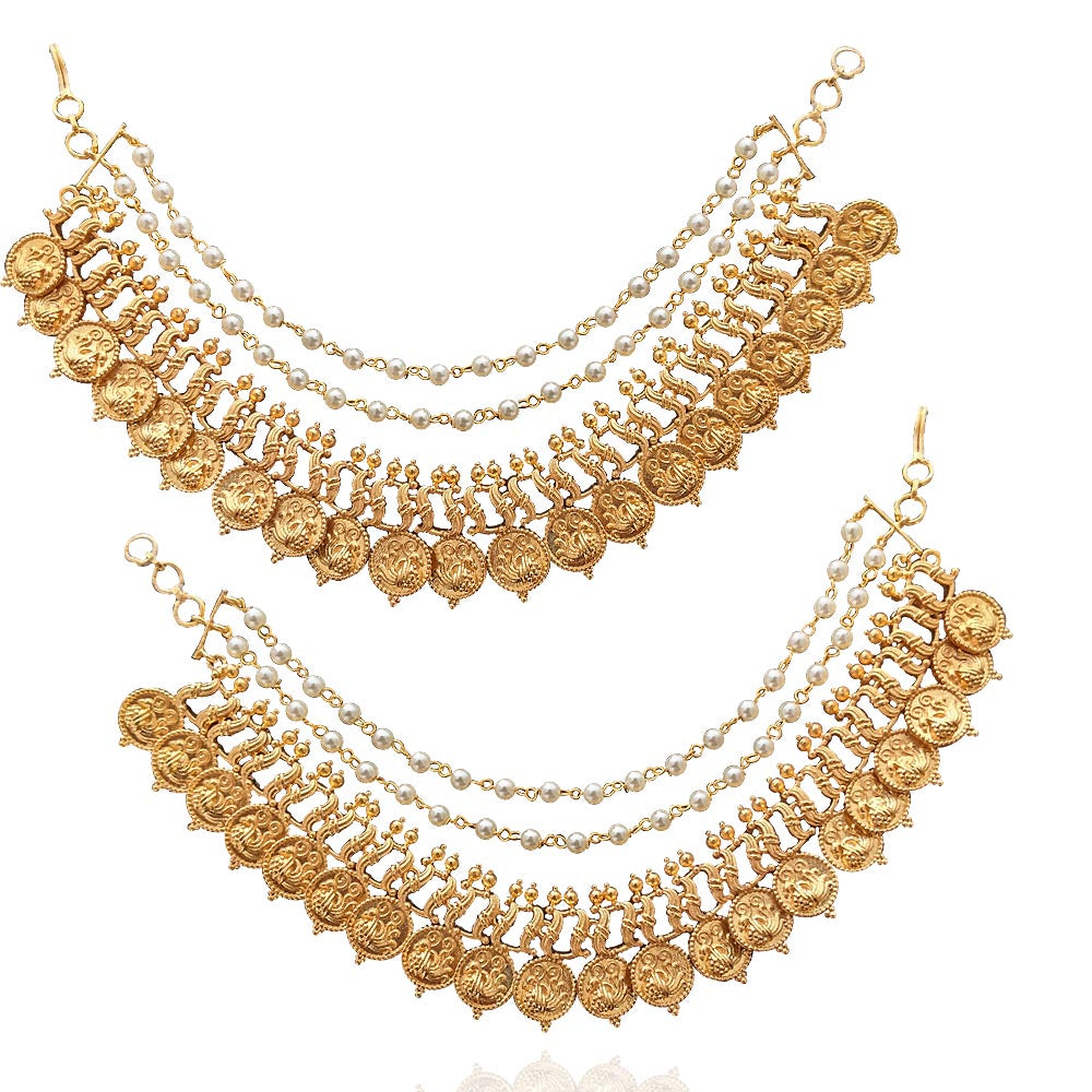 Gold Plated Peacock Kasu Ear Chain (Matilu) Design – Sneha Rateria Store