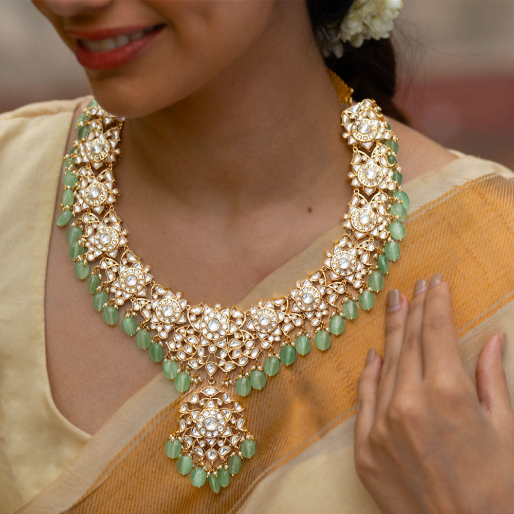 925 Silver Choker With Polki Look & Light Green Drops – Sneha Rateria Store