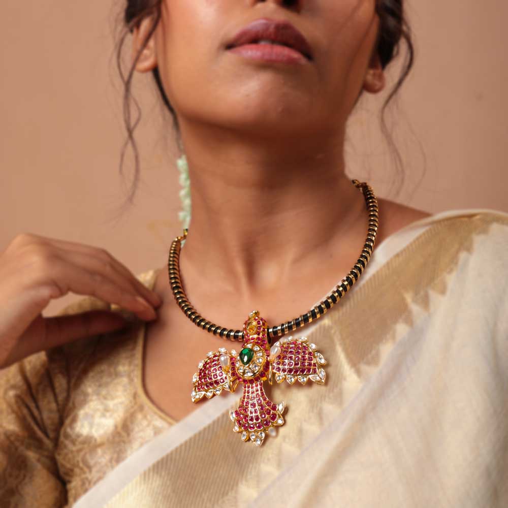 Golden Phoenix Pendant with Black & Gold Hasli Necklace – Sneha Rateria ...