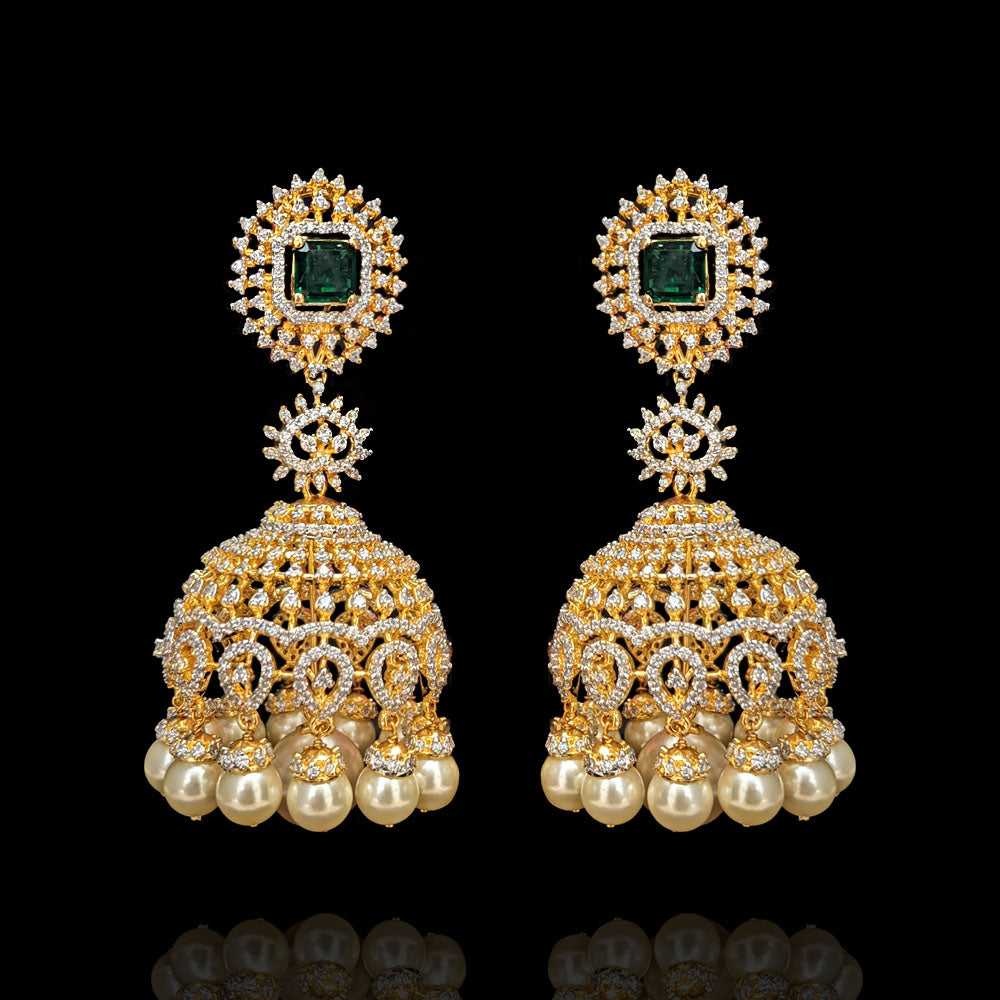 Grand Emerald Square Top Jhumka Earrings with Pearl Drops – Sneha ...
