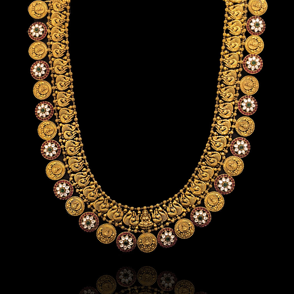 Long Kasu Haram + Earrings Design with Divine Lakshmi Peacock Set ...
