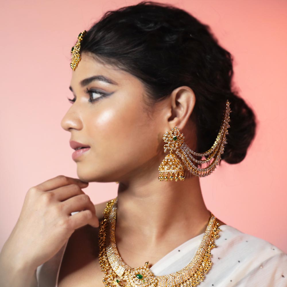 Radiant Elegance - Diamond Look Jhumkas with Golden Balls – Sneha Rateria Store