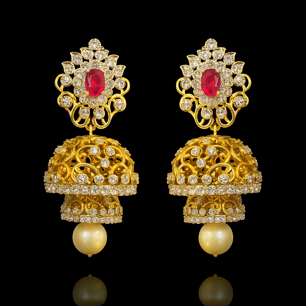 Regal Ruby Diamond Look Jhumka with Pearl Drop – Sneha Rateria Store