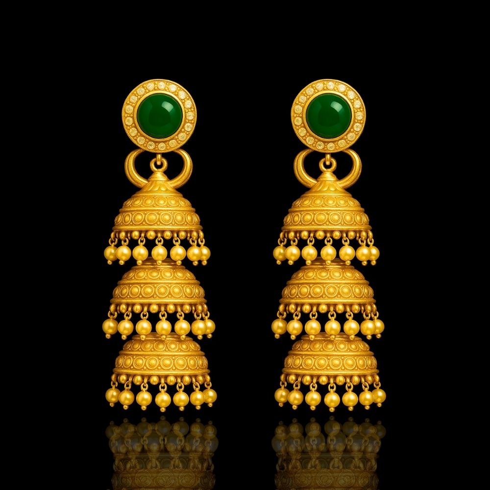 Triple Dome Jhumkas with Pearls & Emerald Stud in Antique Gold Finish ...
