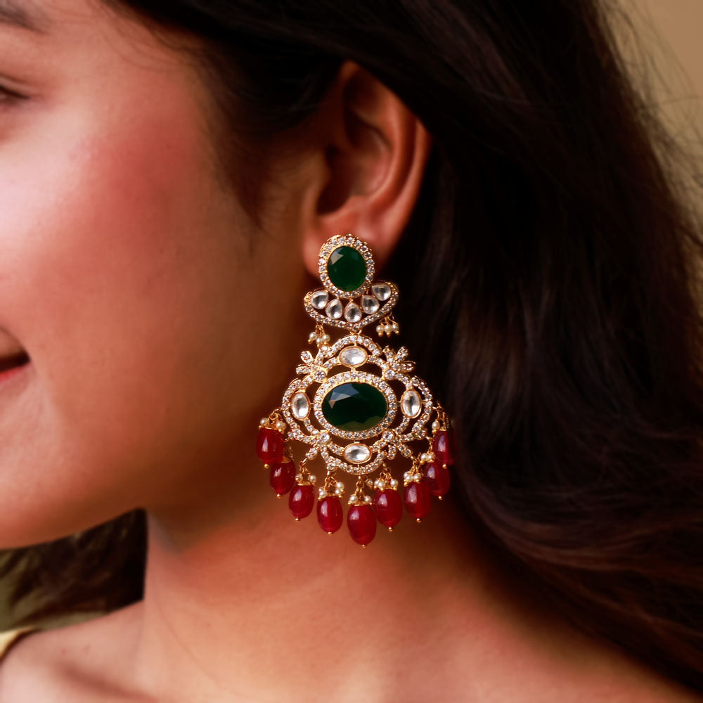 Royal Polki Kundan Emerald & Ruby Chandbali Earrings – Sneha Rateria Store