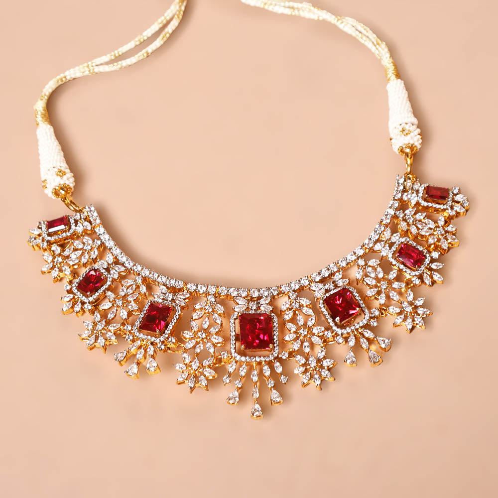 Ruby CZ Diamond Look Short Necklace in Gold Polish - Bridal Jewellery ...