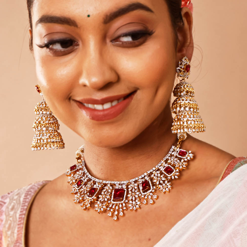 Ruby CZ Diamond Look Short Necklace in Gold Polish - Bridal Jewellery ...