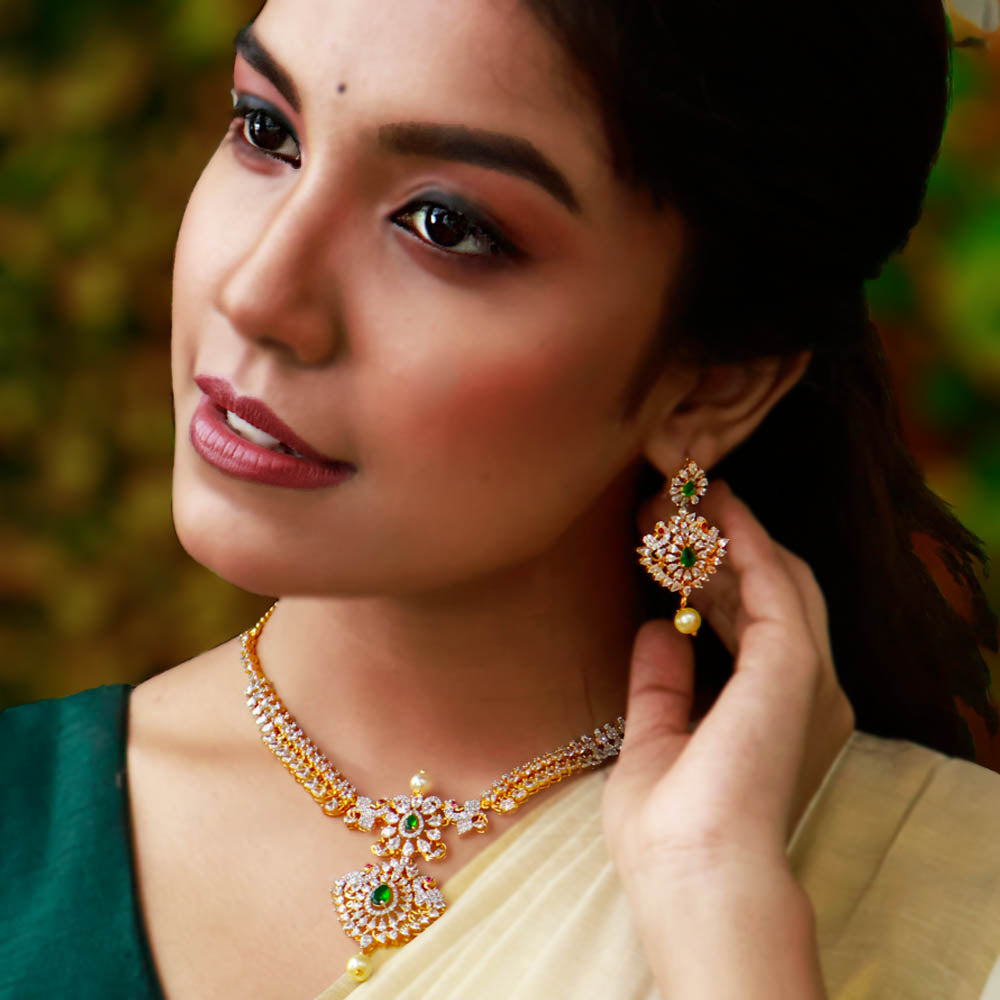 Statement Diamond Look Earrings with Green and Gold Accents – Sneha ...