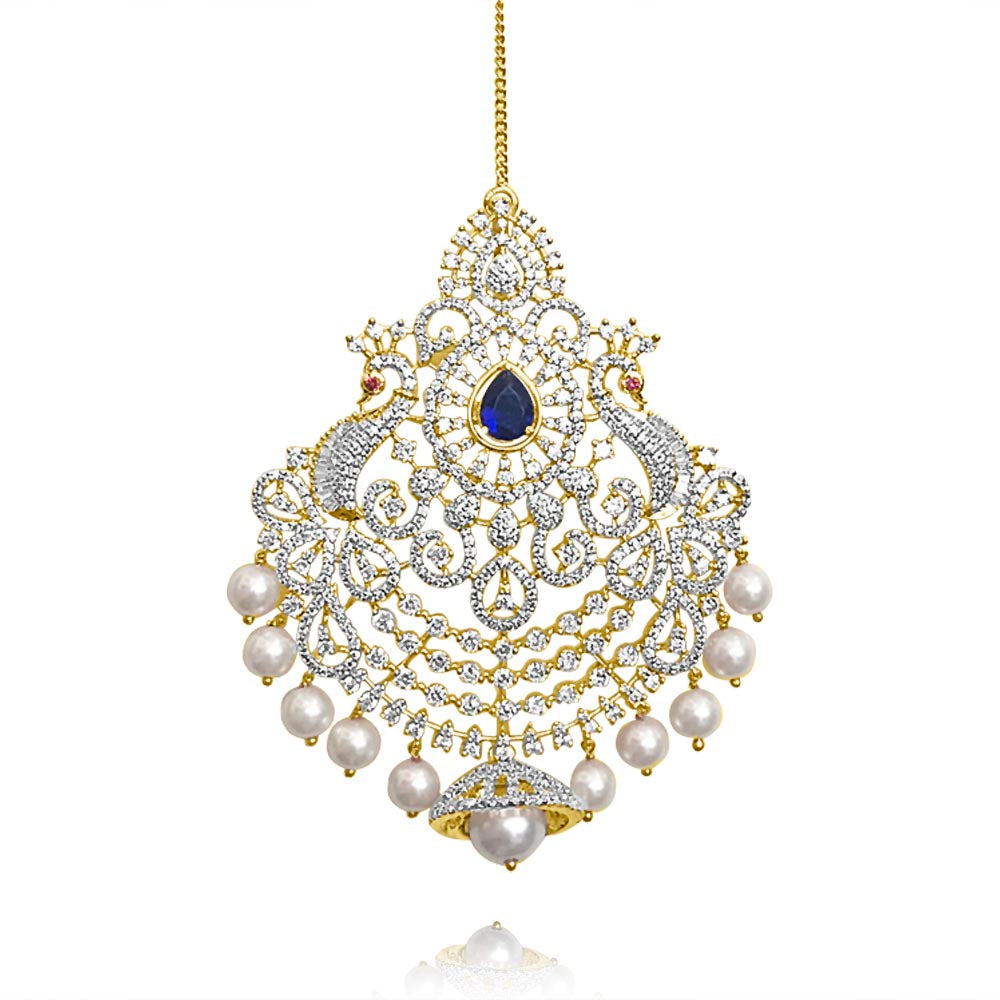 Customized CZ diamond Bridal Maang Tikka with Emerald Studs – Sneha ...