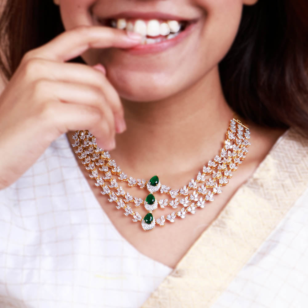 Sparkling CZ Necklace + Earrings SET with Emerald Drops – Sneha Rateria ...