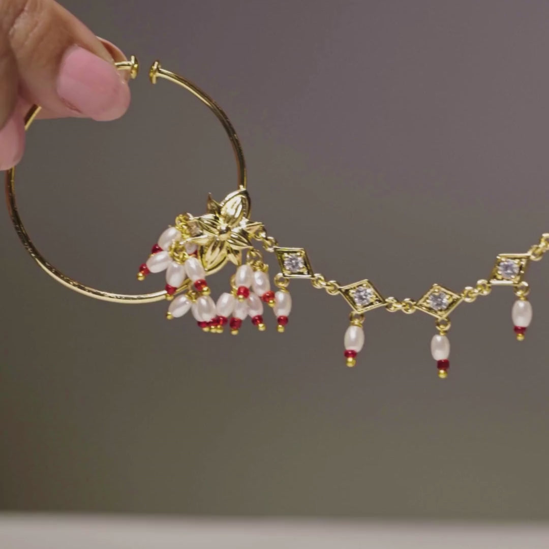 Glamorous Big Nath for Bride along with Pearl Drops – Sneha Rateria Store