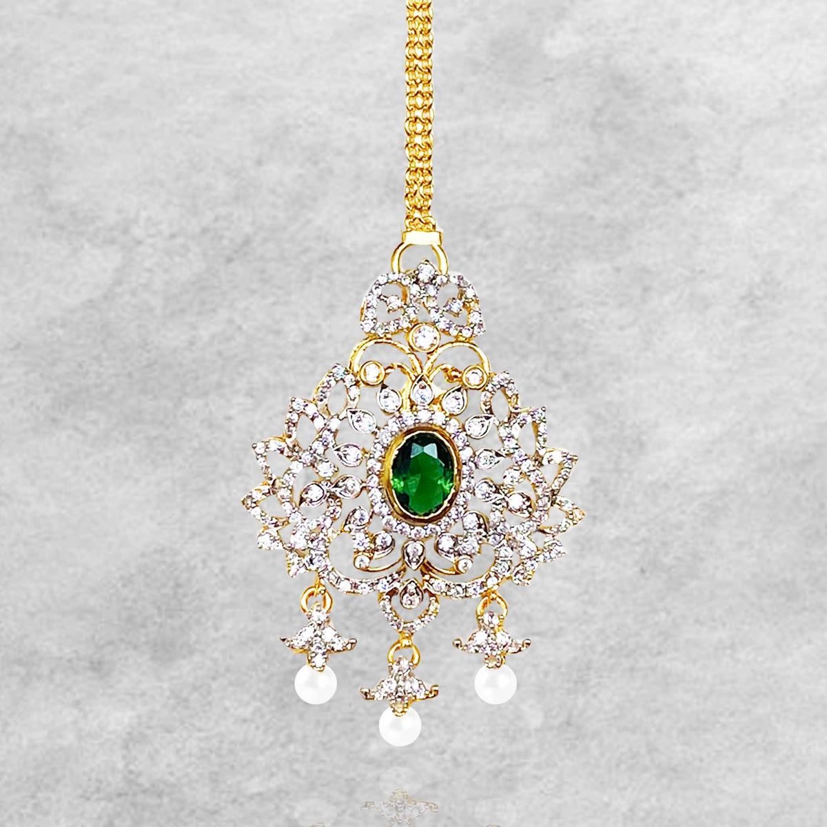 Handcrafted Gold Plated Maang Tikka | Green Gemstone – Sneha Rateria Store