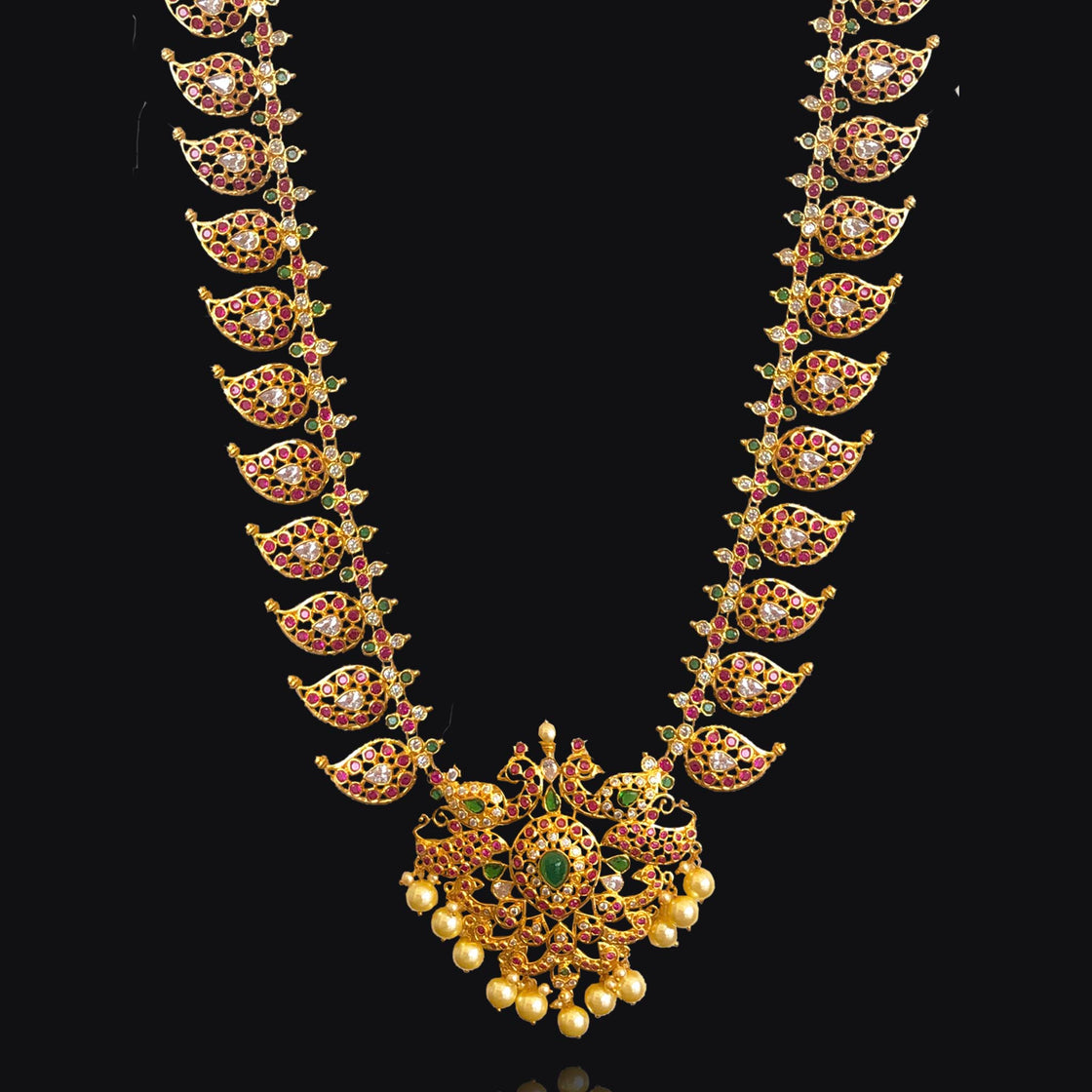 Elegant Mango Mala Gold Haram [Pearl Drops with Peacock Pendant ...