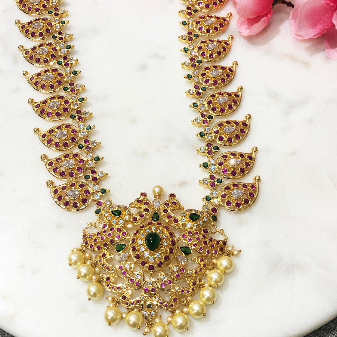 Elegant Mango Mala Gold Haram [Pearl Drops with Peacock Pendant ...